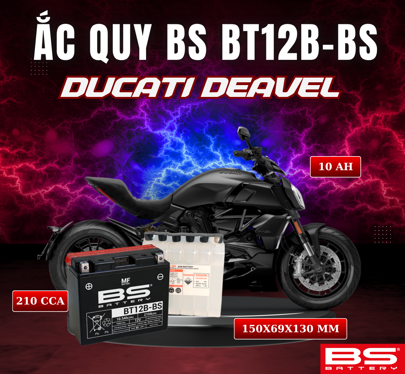 BÌNH ẮC QUY BS BT12B-BS 210CCA DUCATI DEAVEL (150x69x130 mm)